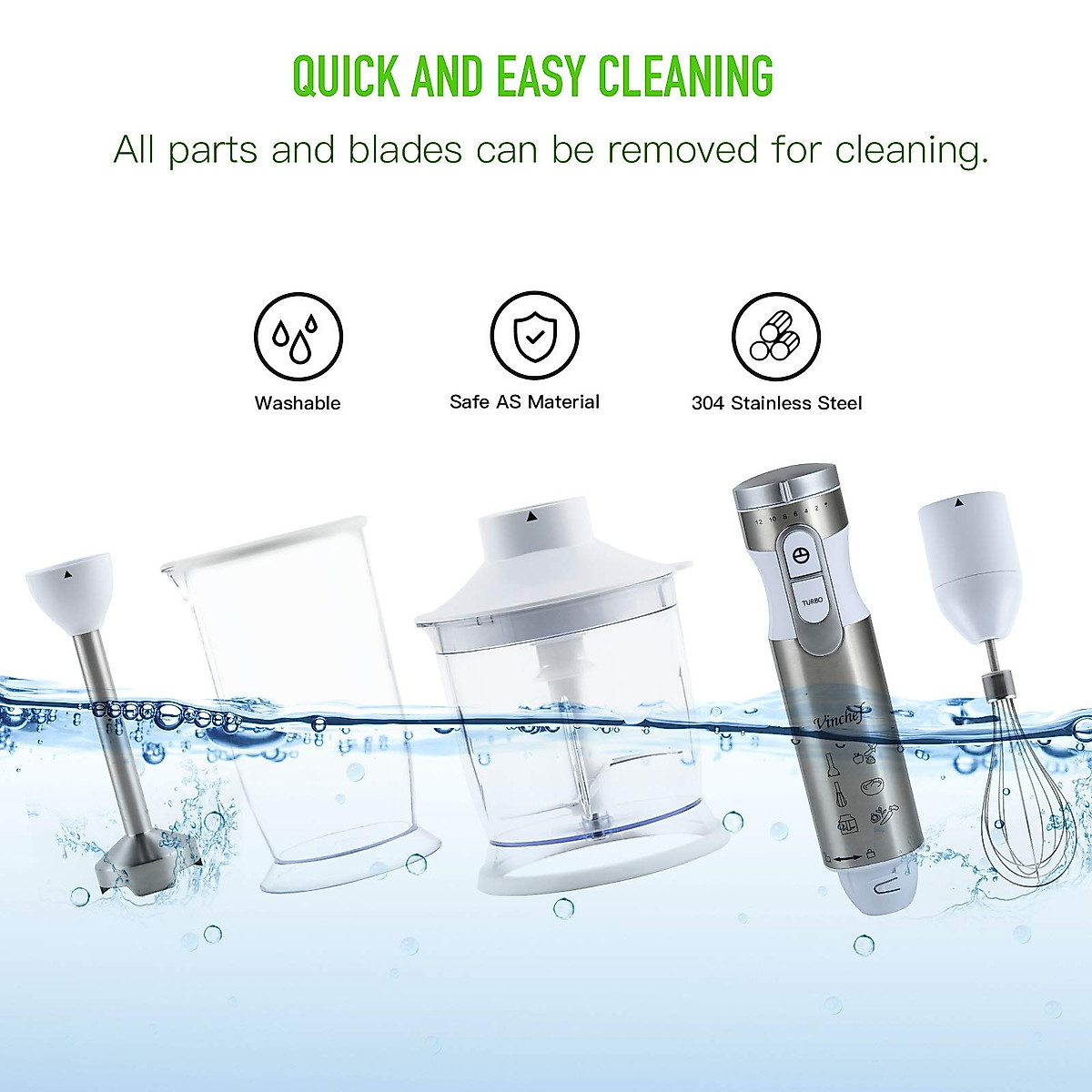 Vinchef 5 in 1 Immersion Hand Blender, 300 Watt, Multi-Speed Stainless Steel Handheld Stick Blender with 700ml Beaker, Whisk, Chopper/Grinder Bowl and Wall Rack, BPA-Free