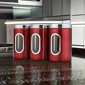 JENNIMER 3PC Kitchen Canister Set for Sugar Food Tea Coffee Candy Storage Jars Stainless Steel with Transparent Windows (Red)