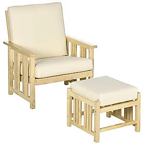 Outsunny 2-Piece Patio Furniture Set with 1 Armrest Single Chair and an Ottoman, Outdoor Wooden Chair with 4" Thick Padded Cushions for Backyard, Porch, and Poolside, Beige