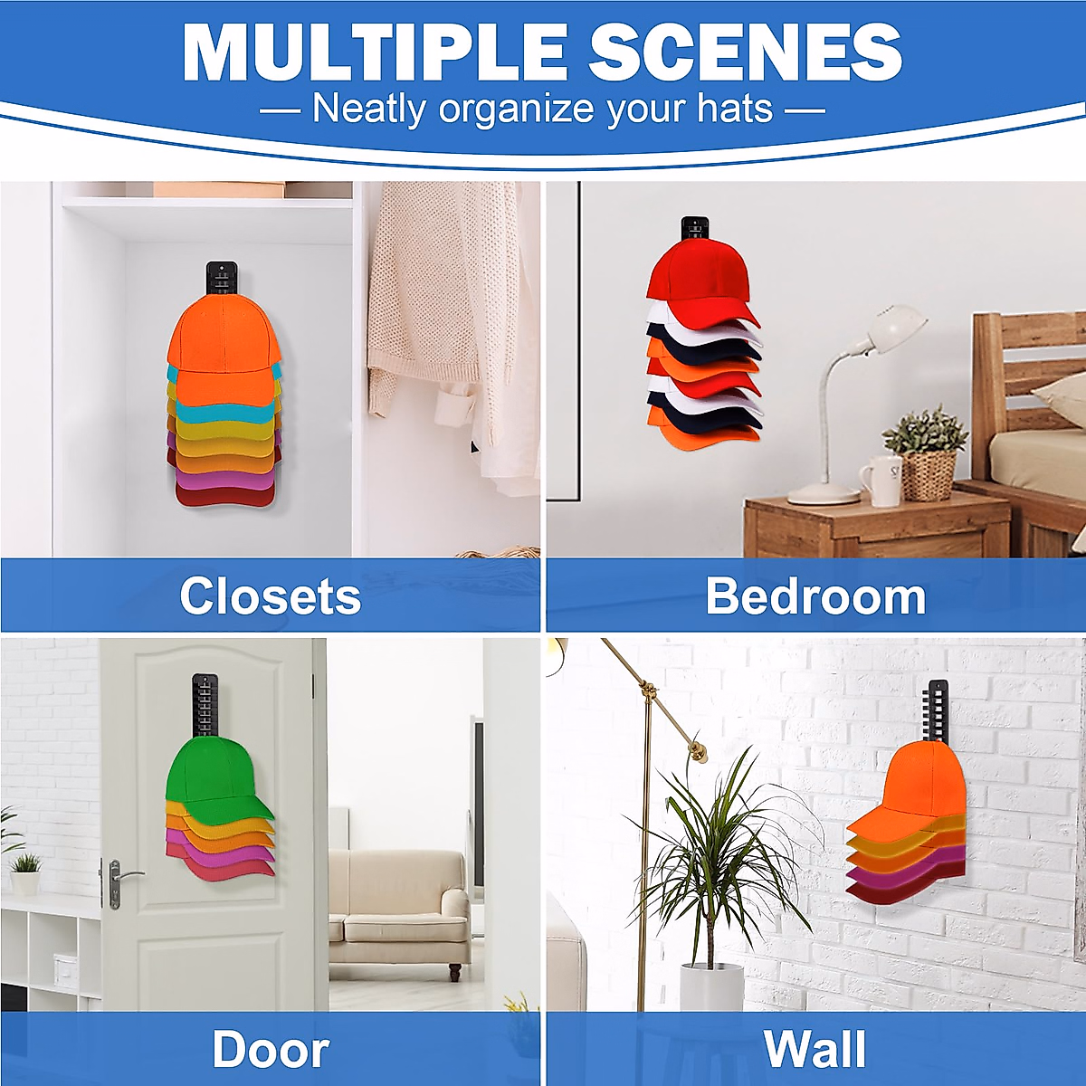 MAGTSMEI Hat Organizer for Baseball Caps, 1 Pack Hat Rack Adhesive Hat Hooks for Wall Hold Up to 16 hats, Hat Storage Display Hat Hanger Holder for Door Closet, Patent Pending