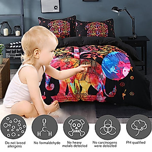 Sleepwish Super Soft Duvet Cover Set with 2 Pillow Shams,Elephant Mandala Pattern,Bohemia Exotic Patterns Design (King, Black Cool)