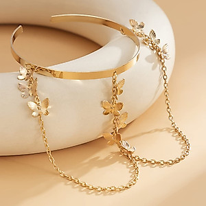 Missgrace Bohemian Layered Simple Butterfly Tassel Chain Open Arm Cuff Gold Silver Armband Cute Arm Bracelet Wide Cuff Long Chain Butterfly Armband Charm Multilayer Armband Jewelry for Women (Gold)