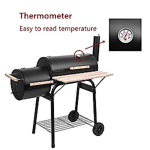 44 Inch Charcoal Grill and Offset Smoker, Portable Backyard Steel BBQ Oven with Wheels, Outdoor Patio Barbecue Cooker with Side Fire Box for Camping, Picnic, Party