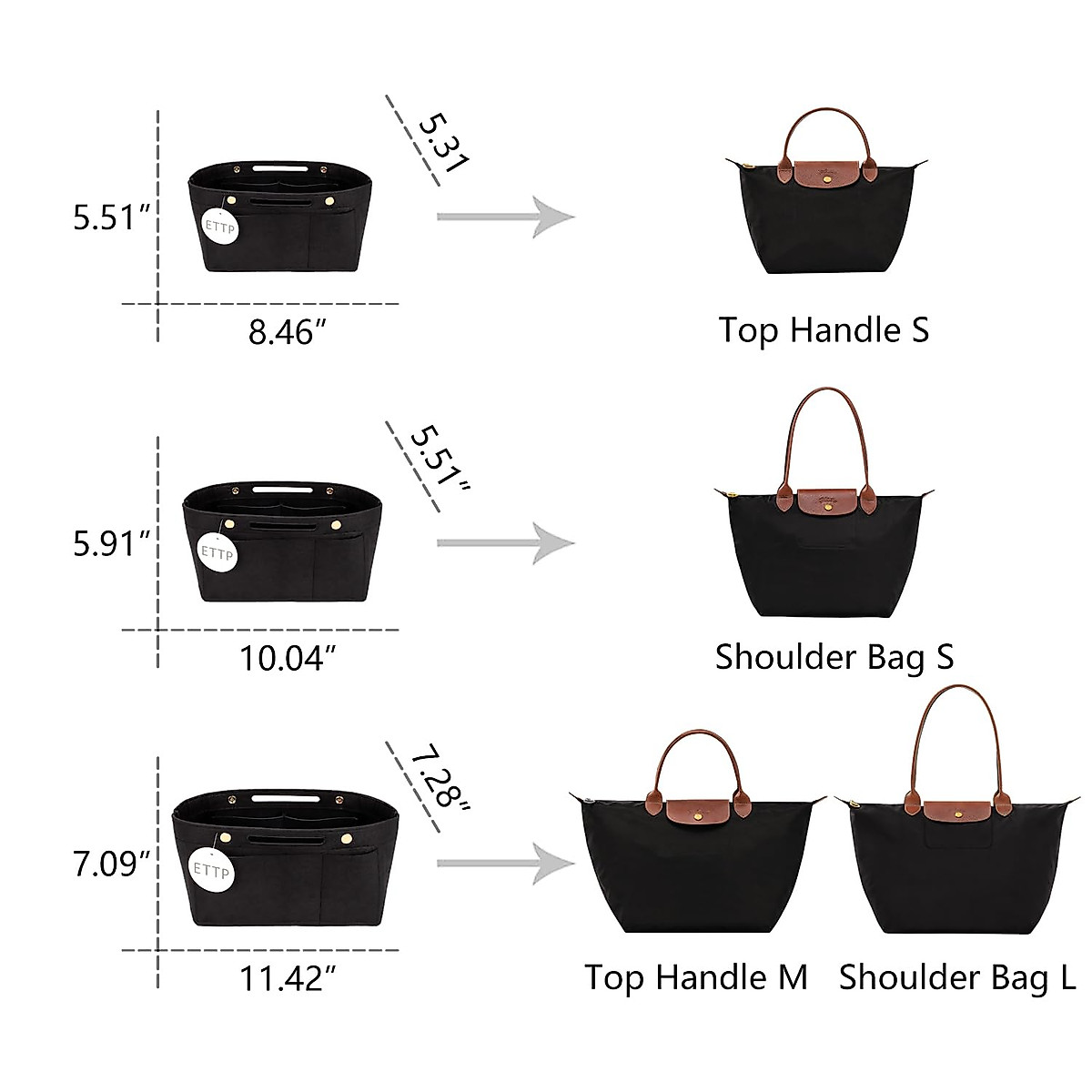 ETTP Purse Organizer Insert for le pliage Tote，Handbag Organizer Compatible with le pliage Shoulder Bag Large/Small,LE PLIAGE Top Handle Small/Medium (Black, Large)