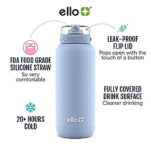 Ello Cooper Vacuum Insulated Stainless Steel Water Bottle with Soft Straw and Carry Loop, Double Walled, Leak Proof, Halogen Blue, 32oz