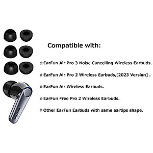 JNSA Memory Foam Ear Tips Noise Canceling Foam Ear Tip Compatible with EarFun Air Pro 3 / Air Pro 2 / EarFun Air, No Silicone Eartips Pain, Fit in Charging Case, 3 Pairs (S/M/L, Black) 214efb3