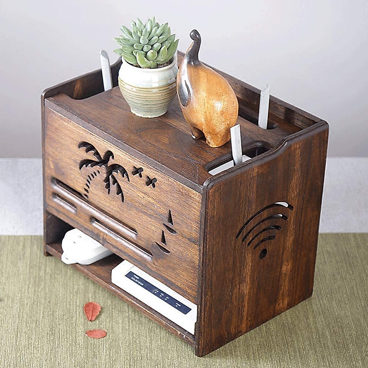 AVEEWA Wireless WiFi Router Storage Box Solid Wood Wireless Router Storage Box WiFi Box Set-top Box Shelter Box Storage Shelf Office Desktop Wire Socket Finishing Storage Box 32x22x27cm