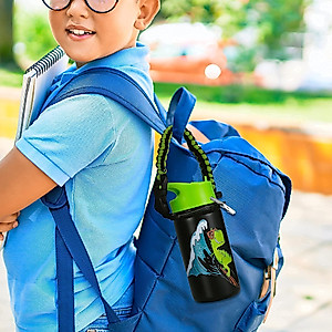 Dinosaur Water Bottle, 14 OZ, Leak Proof, 36 Hours Cold, Dishwasher Safe Lid, Removable Handle, Wide Mouth Double Wall Vacuum Insulated Stainless Steel Water Bottle For School, Straw, Bottle For Boys