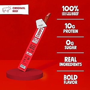 Chomps Grass-Fed and Finished Original Beef Jerky Snack Sticks 10-Pack - Keto, Paleo, Whole30, 10g Lean Meat Protein, Gluten-Free, Zero Sugar Food, Non-GMO