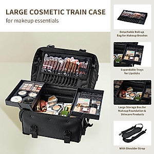 Costravio Professional Makeup Case, 2in1 Travel Makeup Rolling Case Soft Sided Cosmetology Train Case with Wheels Makeup Artist Cosmetic Organize for Make-up, Nail Art, Beauty, Hairstylist, Black