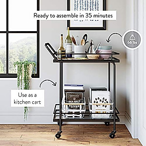 Nathan James Sally Rolling Bar or Cart for Tea or Cocktail, 2-Tiered Glass and Metal, Black