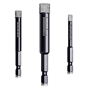 Dry Diamond Drill Bits Set 3 Packs for Granite Porcelain Tile Ceramic Marble Size 1/4“ (6mm), 5/16” (8mm), 3/8” (10mm), with Quick Change 1/4” Hex Shank and Storage Cases