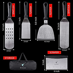 Rivexy 5 Pcs Grill Spatula for Outdoor Grill Premium Quality Metal Spatula for Cast Iron Skillet Durable Flat Top Grill Accessories Great for Outdoor BBQ Teppanyaki and Camping