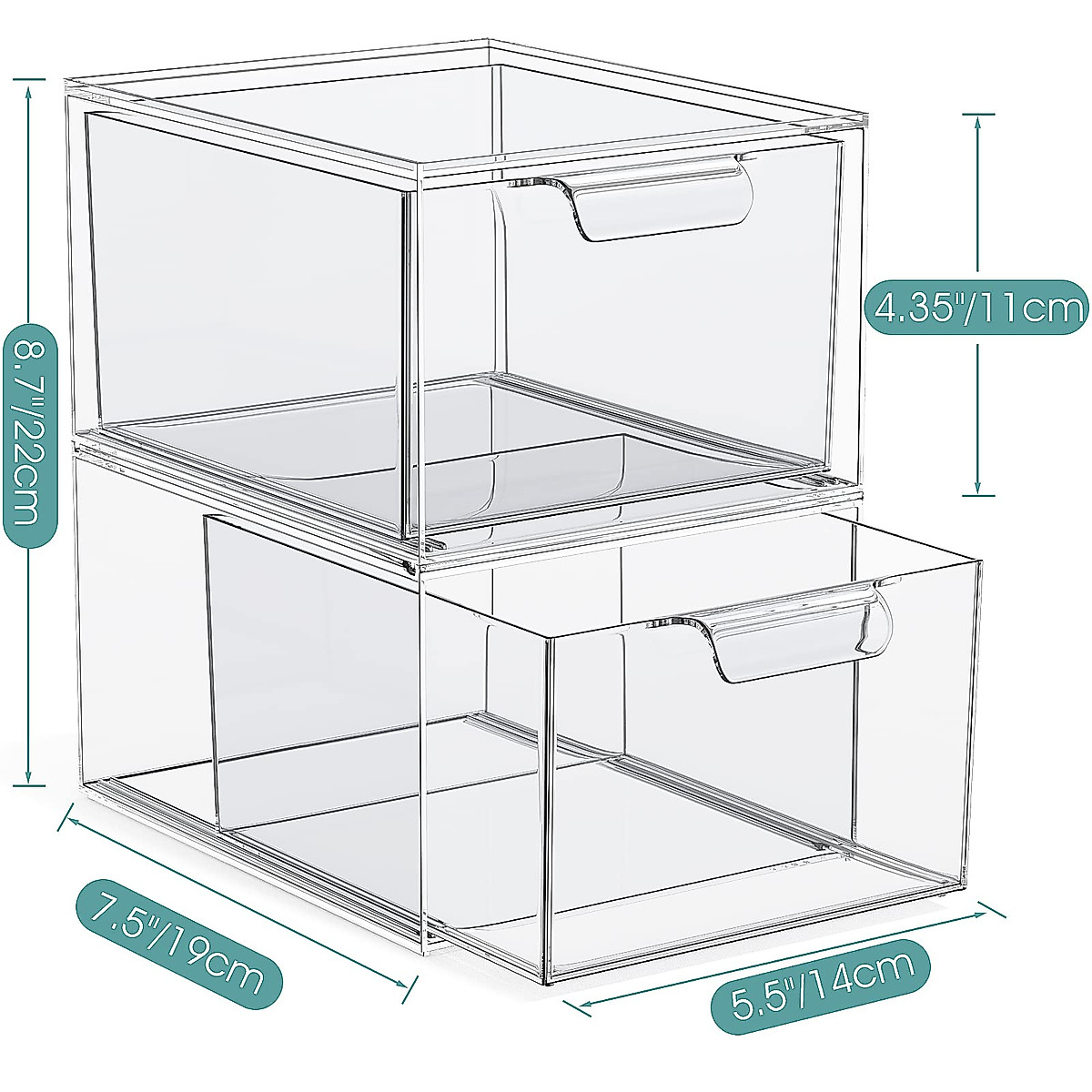 SpaceHacks 2 Pack Stackable Makeup Organizer and Storage, Acrylic Organizers，Clear Plastic Storage Drawer with Handles for Vanity, Undersink, Kitchen Cabinets, Pantry