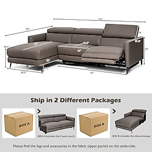 Giantex Upholstered Sectional Sofa Couch, with Chaise Lounge and Electric Power Recliner, CertiPUR-US Sponge, Adjustable Headrests, Metal Legs, Air Leather Modern L-Shaped Living Room Furniture, Grey