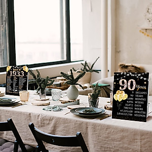 90th Birthday Party Signs with Paper Holder - 2pc Black Gold Vintage 1933 Birthday Party Table Signs Decorations for Happy Birthday Party Activities Celebration Reception Table Supplies - taogold09