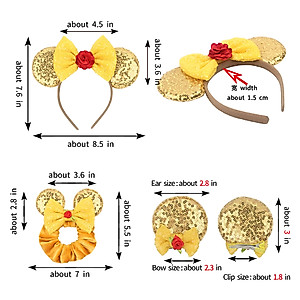 zhezesmila Beauty Mouse Ear Headband, Classic Mouse Ear Clips, Belle Rose Bow Scrunchies for Women, Girls, Princess Dress Accessories, Party, Cosplay