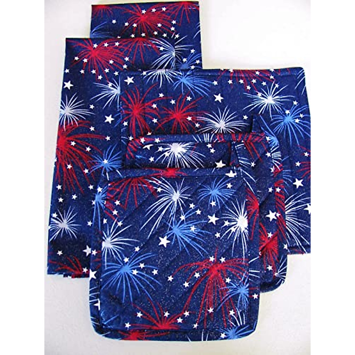Fireworks & Stars Patriotic Cloth Napkins (Set of 2) Made in USA Patriotic Cotton Navy Blue/Red/White Glitter