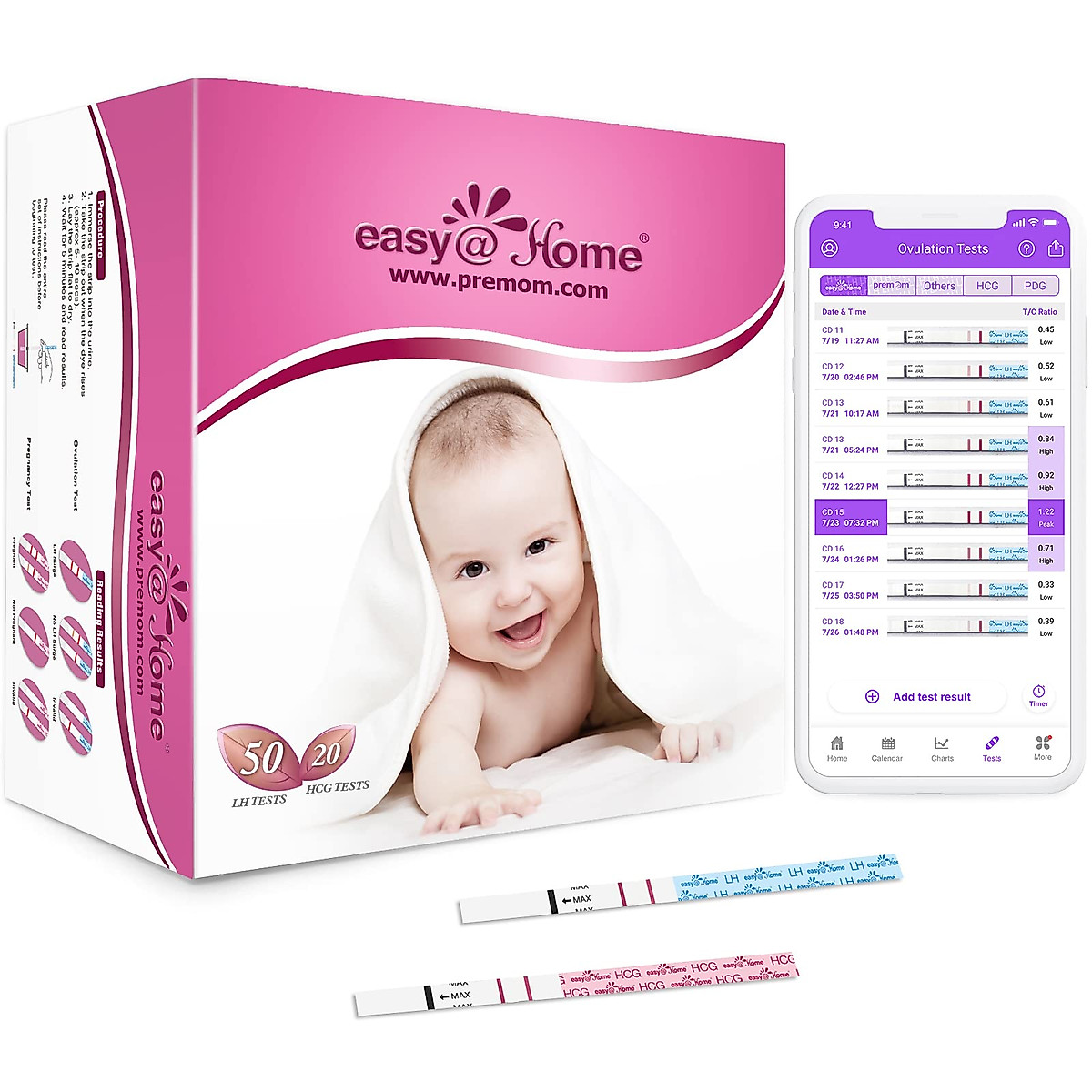 Easy@Home Digital Basal Thermometer with Blue Backlight LCD Display + Easy@Home 50 Ovulation Test Strips and 20 Pregnancy Test Strips + Easy@Home Pregnancy Test Sticks