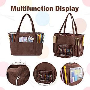 LOOEN Crochet Bag Organizer, Large Capacity Yarn Storage Bag, Portable Corduroy Knitting Bag and Totes for Travel, Used to Organize Yarn, Crochet Hooks, Ideal Gift for Crochet Lovers(Brown)