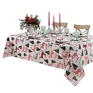 Newbridge Merry Reindeer Prance Country Rustic Christmas Fabric Tablecloth, Fun Cottage Reindeer and Xmas Tree Plaid Easy Care Holiday Tablecloth, 52” x 52” Square