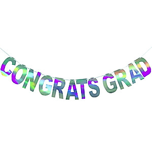 Holographic Congrats Grad Banner Decorations Sign, Iridescent Hanging Bunting String Flag Garland for Graduation Ceremony Party Decoration