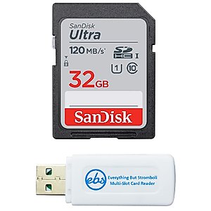 SanDisk 32GB SDHC SD Ultra Memory Card Class 10 Works with Sony Cyber-Shot DSC-W800, W830, W810 Digital Camera (SDSDUN4-032G-GN6IN) Bundle with 1 Everything But Stromboli Multi-Slot Card Reader
