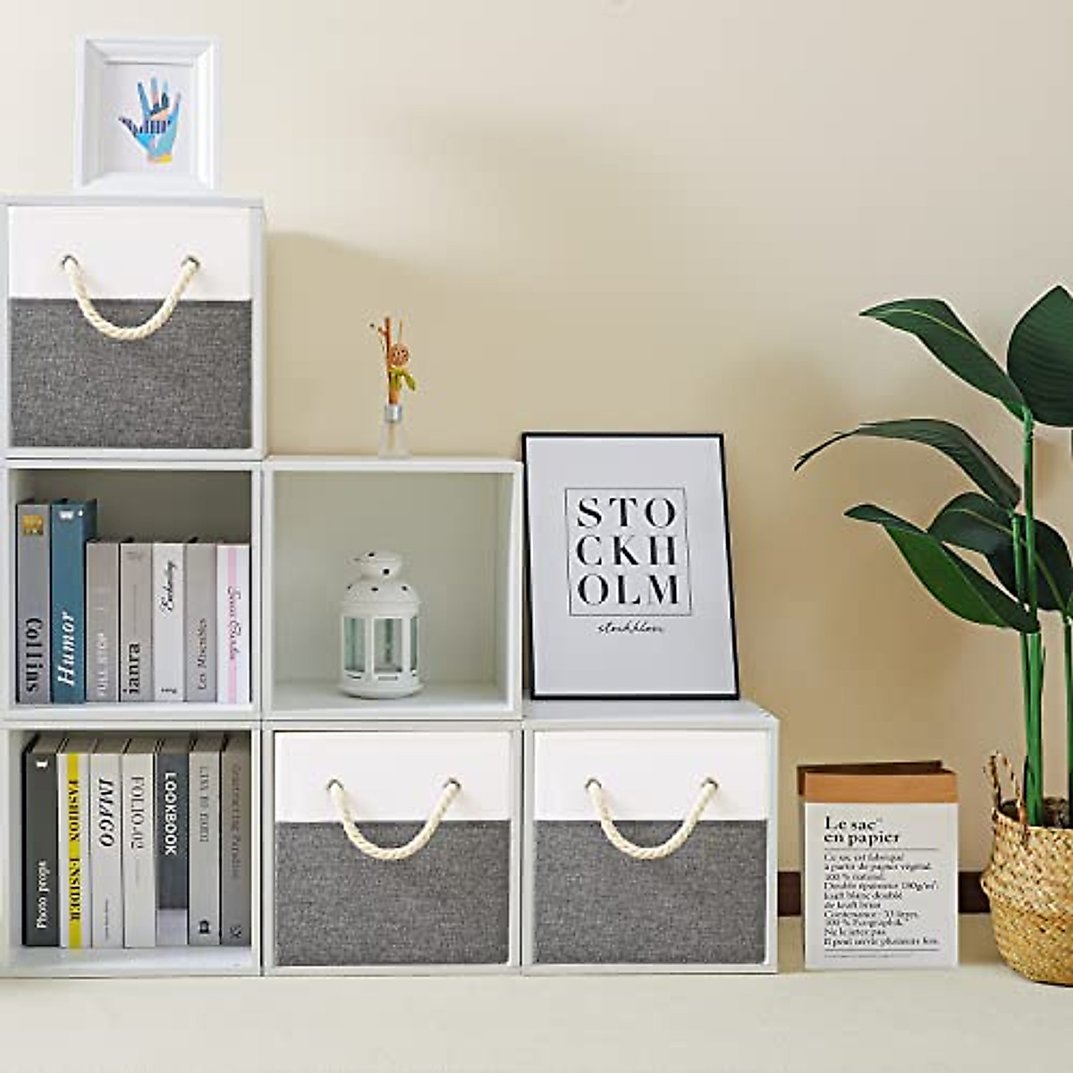 Yawinhe Collapsible Storage Basket 4-Pack, Open Storage Cube Bins with Thick Rope Handles, for Organizing, Shelves, Toys, Clothes, Office, 12.6x12.6x12.6in, White/Grey, SNK033WG-4