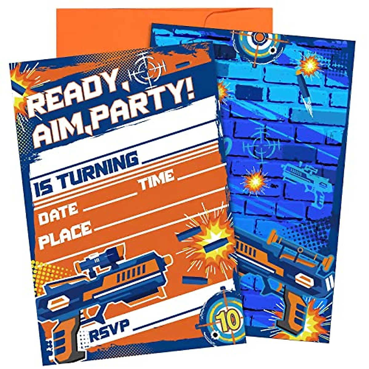 30 packs Dart War Invitations Birthday Party Supplies Blaster Nerf Gun Battle Theme Party Invitations with 30 Orange Envelopes for Boy Kids Dart War Nerf Party Decorations Supplies Favor