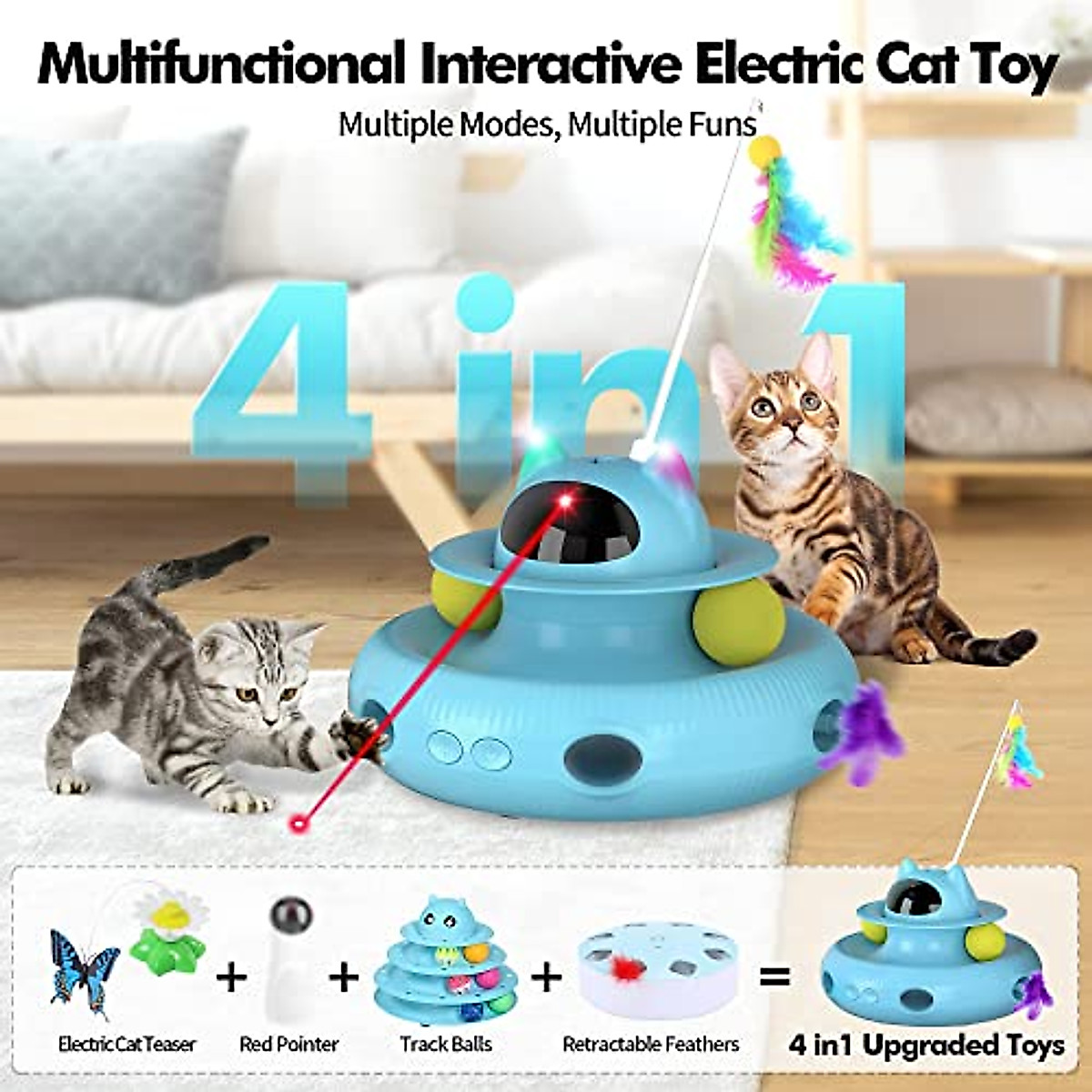 UPSKY 4-in-1 Interactive Electronic Toy for Indoor Kitten, 2023 Upgrade Automatic Pointer Feather Wand Toy, and Cat Roller Toy Relieves Anxiety & Boredom