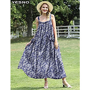 YESNO Maxi Dress for Women with Pockets Boho Summer Dress with Wide Adjustable Buttoned Strap M E96 CR148