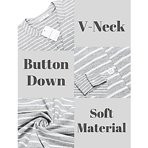 Ekouaer Women's Nightshirt Soft Nightwear Loose Sleepwear Button Down Nightdress Striped Sleepshirts White Grey Stripe,L