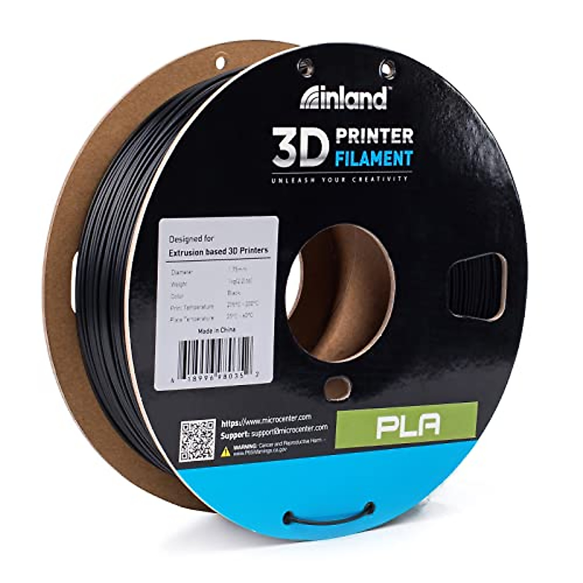 INLAND PLA 3D Printer Filament - 3D Printing PLA Filament 1.75mm, Dimensional Accuracy +/- 0.03mm - 1kg Cardboard Spool (2.2 lbs), Black PLA