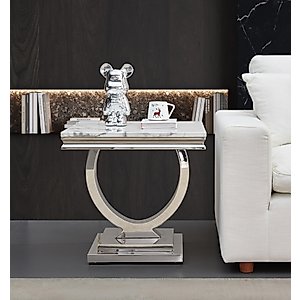 Mid-Century Modern White Marble End Table w/Silver U-Shaped Stainless Steel Base Night Stand Square End Table for Living Room Luxury Sofa Side Table witn High Glossy Finish