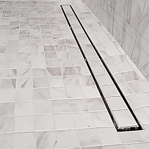 Novalinea - 54 Inch Linear Shower Drain with Tile Insert Grate, Includes Hair Strainer and Leveling Feet, 2 Inch Center Outlet, 304 Stainless Steel