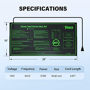 iPower GLHTMTS Durable Waterproof Seedling Warm Hydroponic Plant Germination Starting Pad, 10" x 20"Heat Mat, 10" x 20", Black