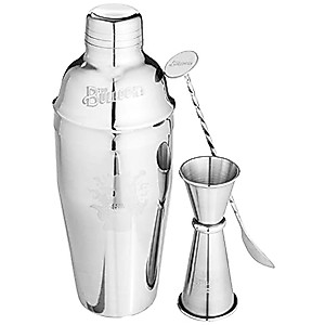 5 pc. Cocktail Shaker Bar Set by Tom Bullock's, The Original Tastemaker: 25 oz Stainless Steel Shaker, Double Measuring Jigger, Stirrer/Mixer Spoon, Strainer and Ice Tongs. Become The Ideal Bartender!