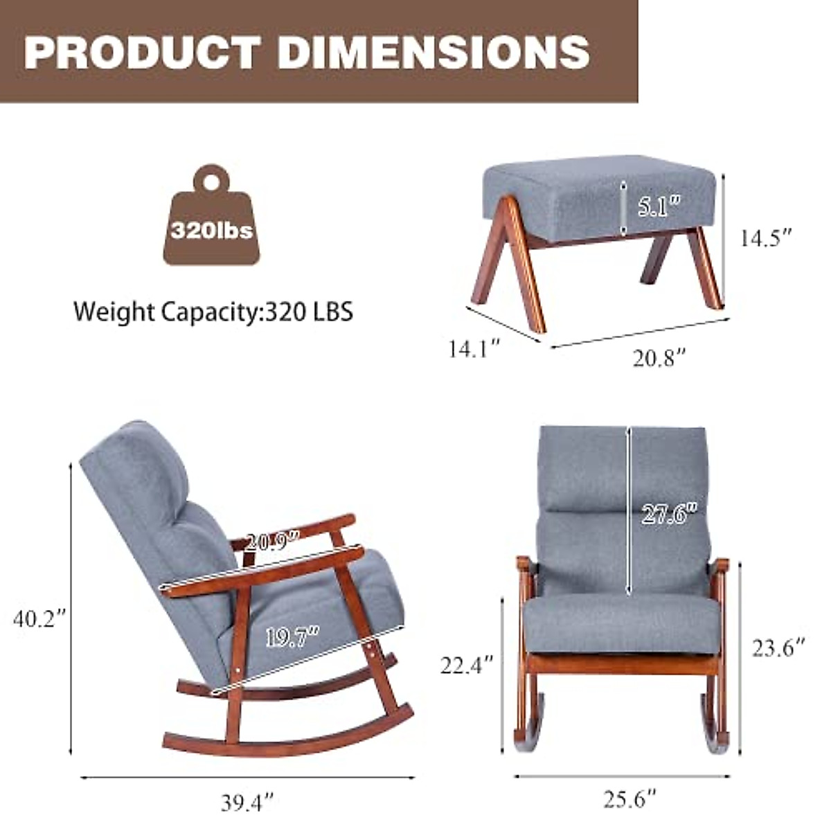 HOMREST Rocking Chair, Mid-Century Modern Upholstered Fabric Rocking Armchair with Ottoman & Thick Padded Cushion for Living Baby Room, Bedroom(Gray)