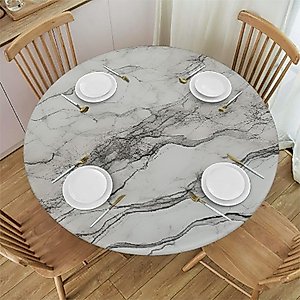COMIO Marbled Table Cloth Round Cover with Elastic Waterproof,70inch, Vinyl with Flannel Backing, Banquet Tabl Cover； Picnic ；Outdoor