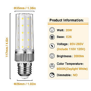 Aolang E26 LED Bulb,20W LED Corn Light Bulb 150W Equivalent 6000K Daylight White 2000LM Non-dimmable Flicker Free Ceiling Fan LED Corn Bulb for Indoor Outdoor Home Garage, 4-Pack (Daylight White)