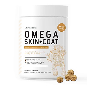 Salmon Oil for Dogs - 60 Soft Chew Omega Treats for Skin and Coat - Fish Oil Blend of Essential Fatty Acids, Omega 3 and 6, Vitamins, Antioxidants and Minerals - Made in USA