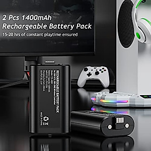 Cooling Fan Stand for Xbox Series S with RGB Light Strip, Wiilkac Upgraded Dual Controllers Charging Dock Accessories with 2 X 1400mAH Rechargeable Battery Pack, Headset Hook & USB Ports - White