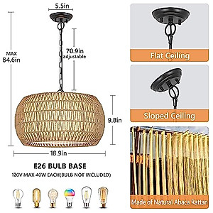 Rattan Farmhouse Chandelier Light Fixtures, 5-Lights Boho Large Pendant Light,Hand Woven Chandeliers for Dining Room with Fabric Shade,Rustic Chandeliers Hanging Light Fixtures for Kitchen Island