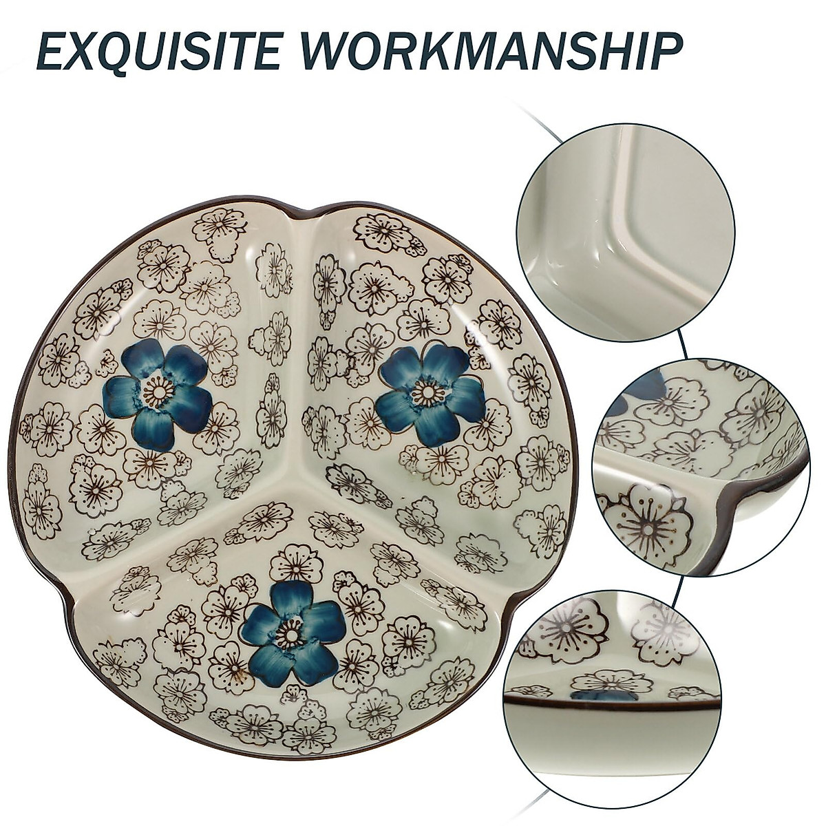 Kichvoe Ceramic Divider Dishes Compartment Food Plate Japanese Divided Serving Platter 3 Section Snack Tray Dried Fruit Storage Plate-7inch