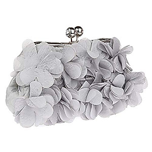 Santimon Women Clutch Kiss Lock Purse HandBags Satin Flower Evening Bags with Removable Strap Grey