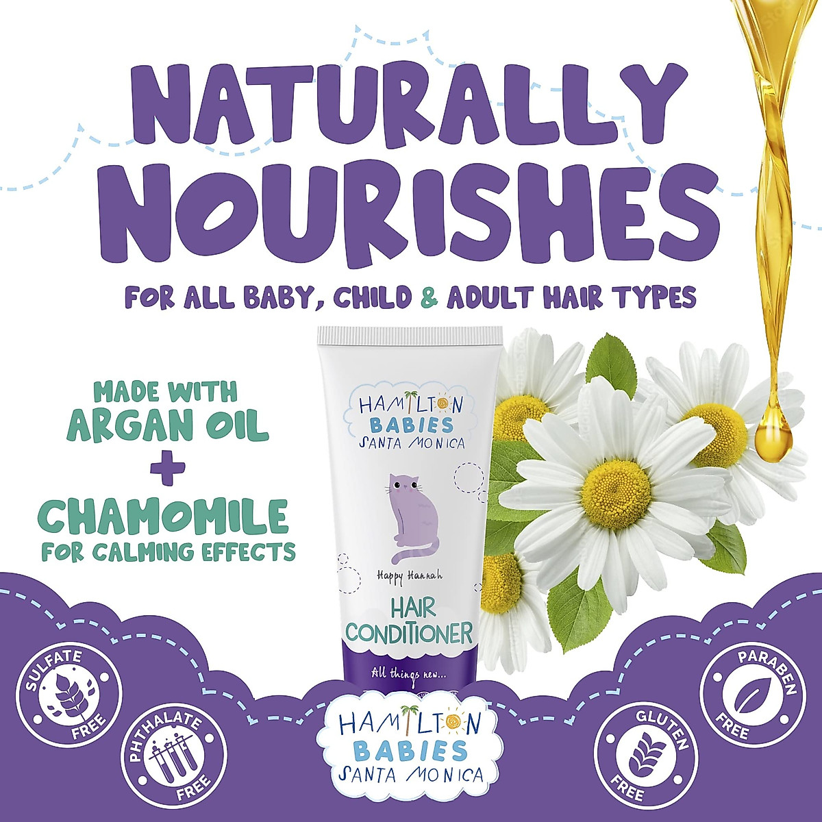 HAMILTON BABIES: Happy Hannah Hair Conditioner - Baby Conditioner - 8 fl oz / 236 mL - Natural, Plant-Based, Nourishes and Strengthens Hair, Detangles, Thickens and Strengthens Strands and Follicles