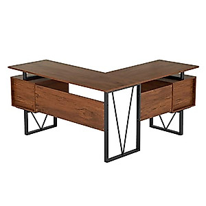 Techni Mobili Reversible L-Shape Computer Drawers and File Cabinet Home Office Desk, 59 x 57.75 x 30, Brown, Grey