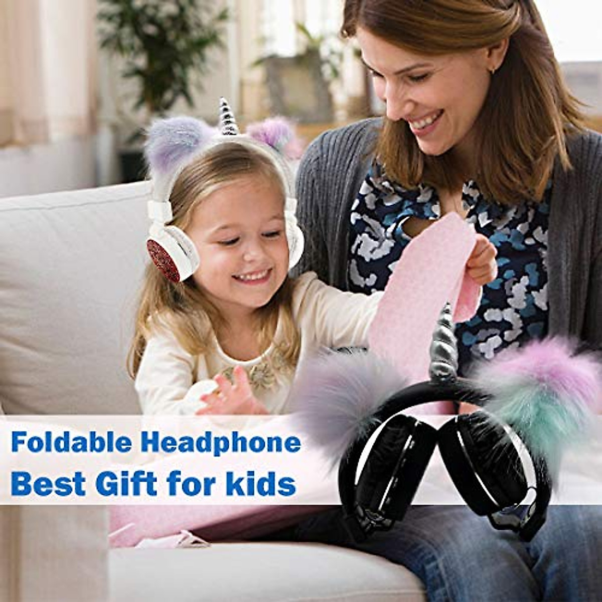 JINSERTA Bluetooth 5.0 Headphones with Fluffy Cat Ears for Kids, Kids Headband Earphone Foldable Headset Rechargeable Support TF Card, FM, Aux in (Black)