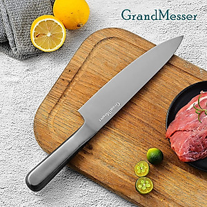 Cooking Chef Knife, 8 Inches Carbon Stainless Steel Kitchen Knife with Sharpener and Ergonomic Handle, Chopping Knife for Professional Use（Matte Stainless）