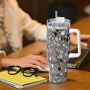 Zsuugj Silver Sparkle Glam Bling 40 Oz Tumbler With Handle And Straw Lid Car Cup Stainless Steel Water Bottles Insulated Coffee Cup Travel Mug Gifts For Men Women